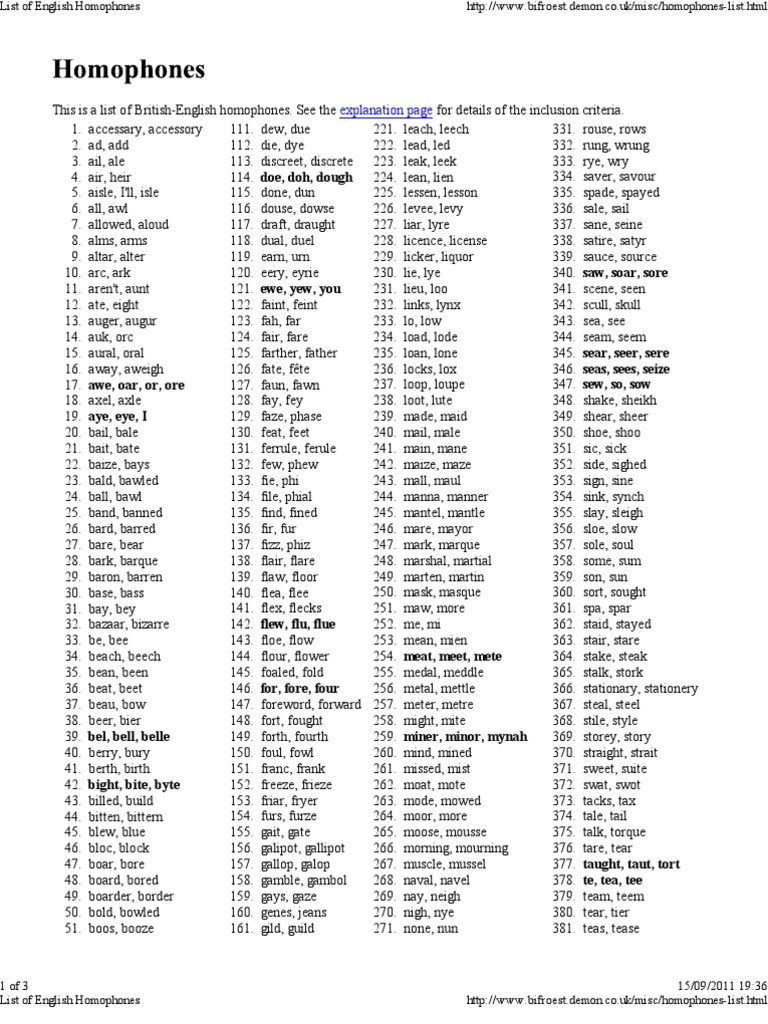 British English Homophones List | PDF | Nature