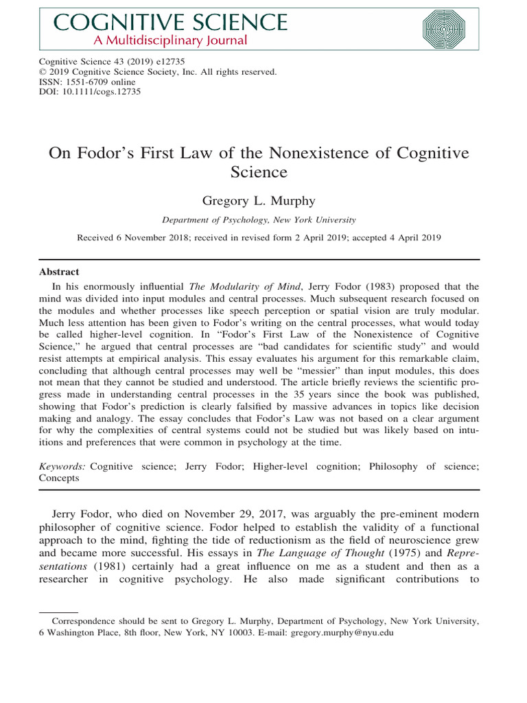 Murphy, G. On Fodor's First Law of The Nonexistence of Cognitive Science | Download Free PDF ...