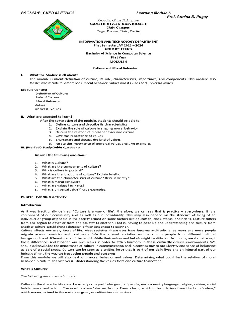 Module 6 Culture and Moral Behavior - BSCS | PDF | Morality | Aesthetics