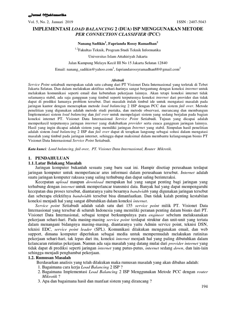 Implementasi Load Balancing 2 (Dua) Isp Menggunakan Metode: Per Connection Classifier (PCC) | PDF