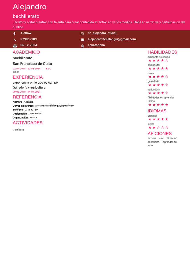 Alejandro Resume 053635 | PDF | Las artes escénicas | Entretenimiento