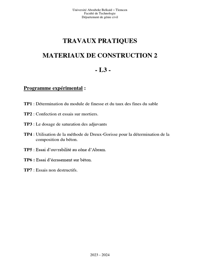 Cahier TP MDC L3 2023 - 2024-1 | PDF | Béton | Grave (granulat)