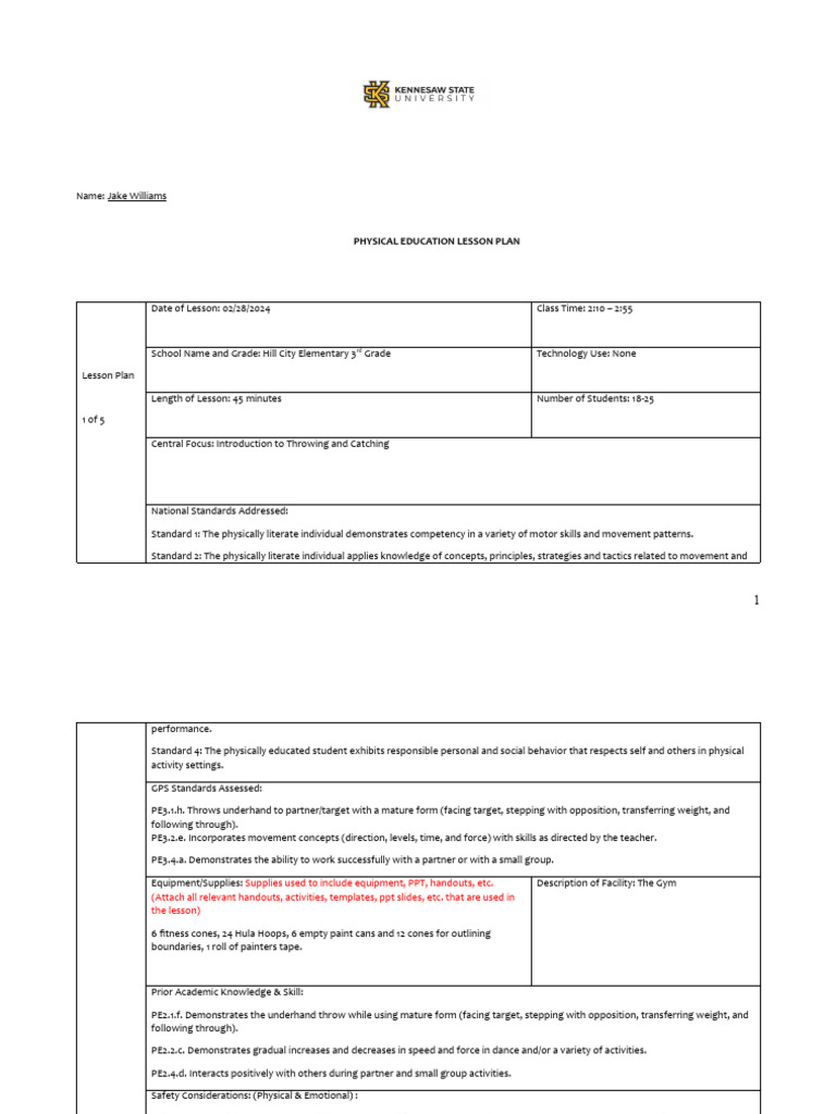 3rd Grade Underhand Throwing Lesson Plan | PDF | Lesson Plan ...