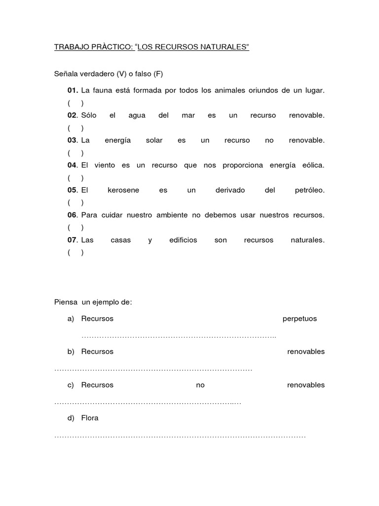 Actividades sobre Recursos Naturales 5to Grado | PDF | Ciencia y ...