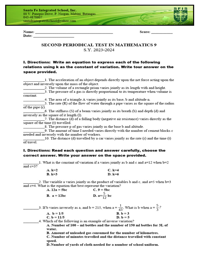 Second Periodical Test in Math 9 | PDF | Gases | Speed