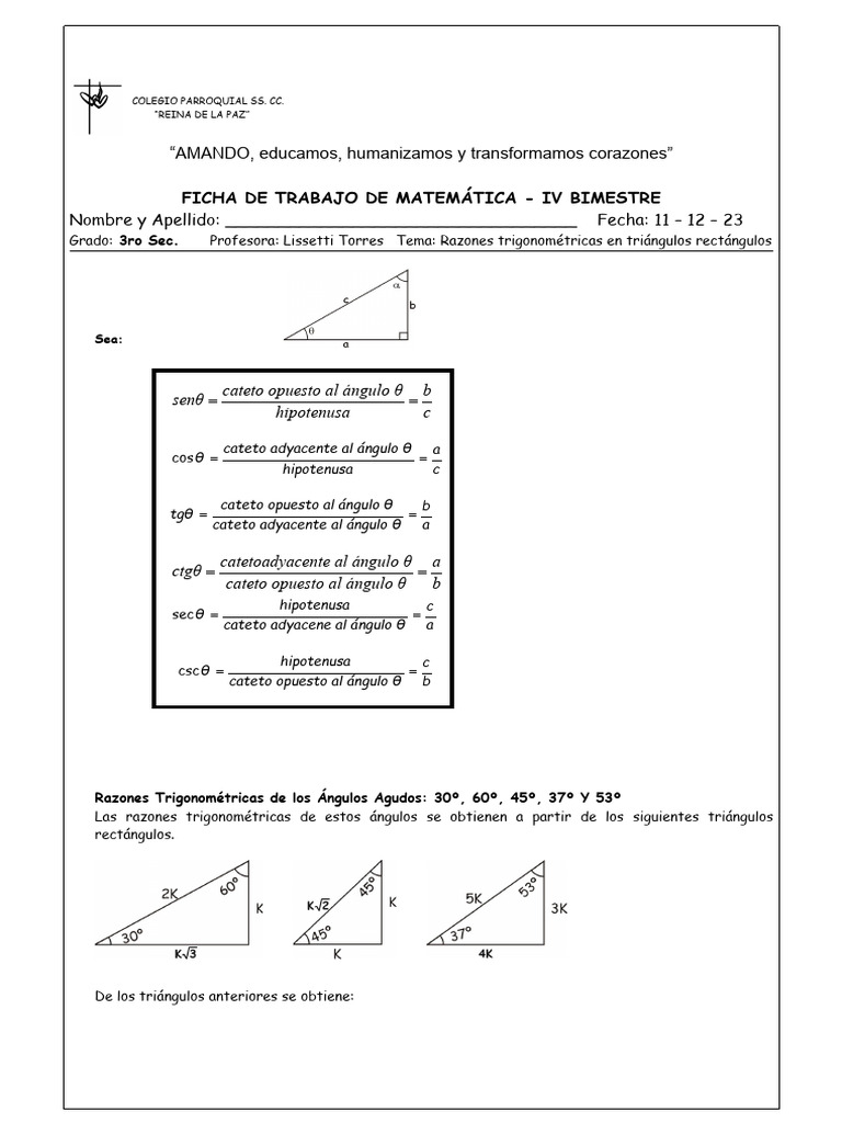 Razones Trigonométricas en Triángulos Rectangulos Notables | PDF