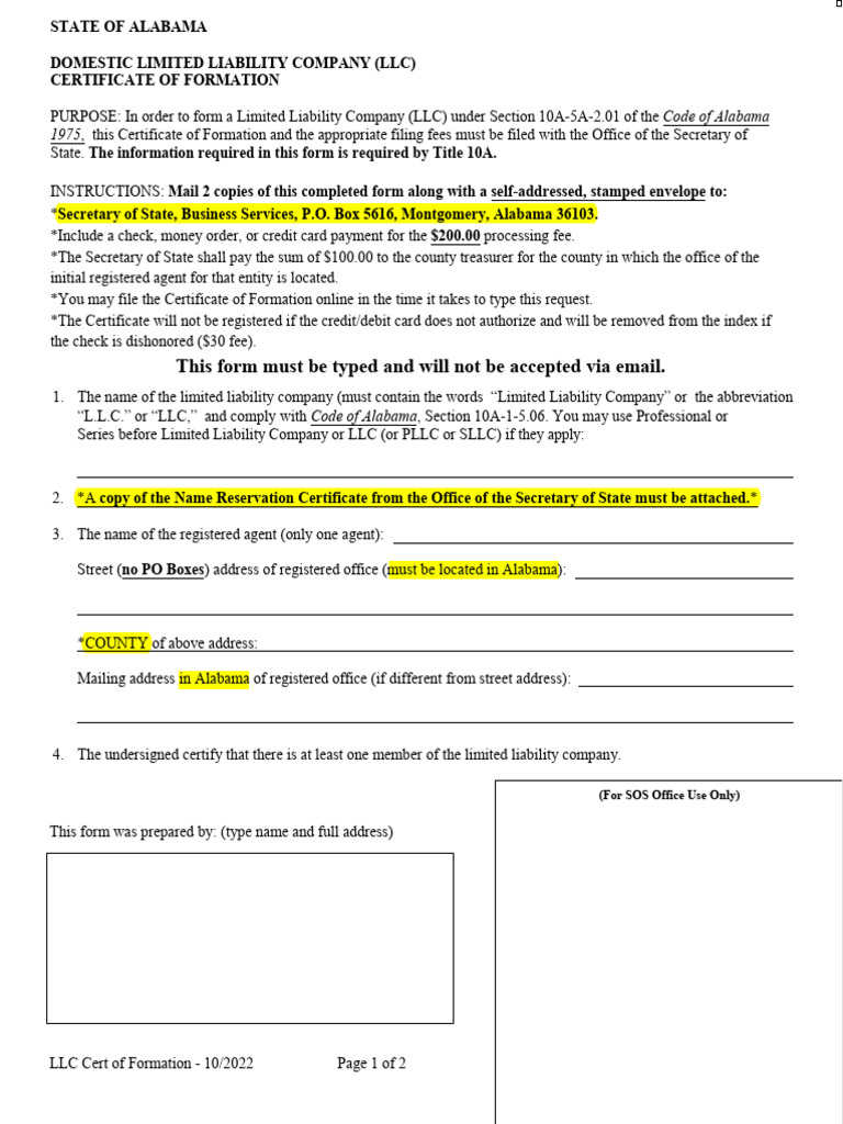 Alabama Articles of Organization (Form an LLC) | PDF