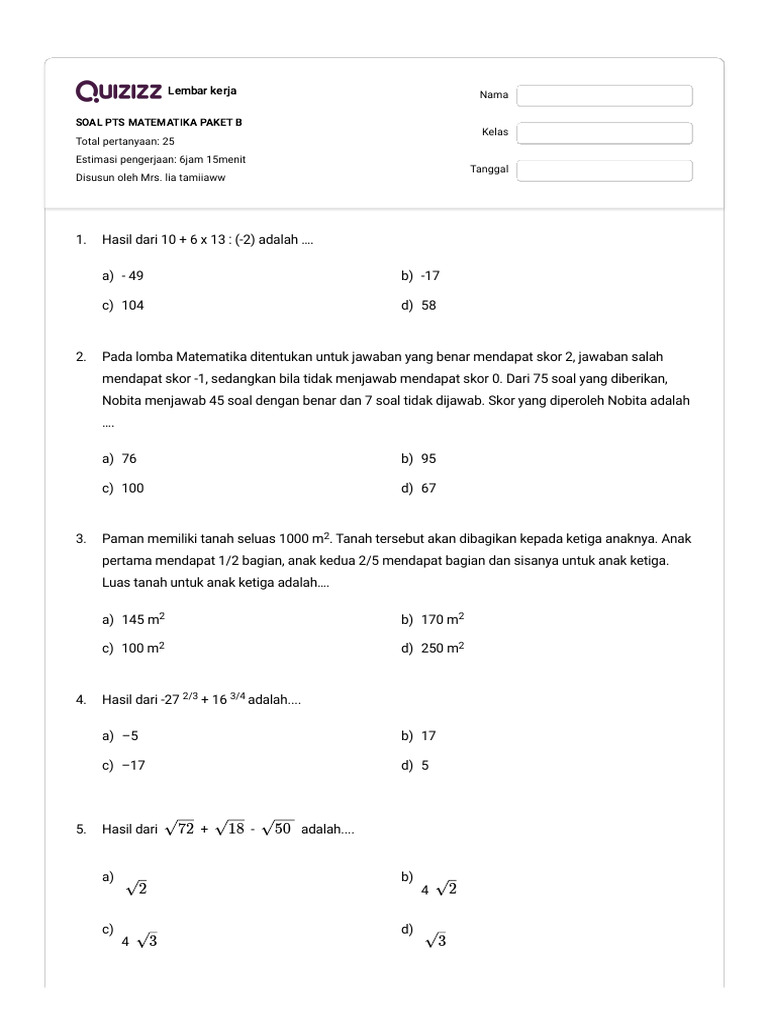 SOAL PTS MATEMATIKA PAKET B - Quizizz | PDF | Metode & Bahan Ajar