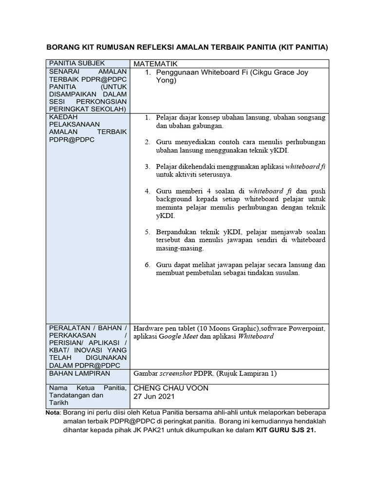 Borang Kit Refleksi Amalan Terbaik Individu Rumusan Panitia Matematik | PDF