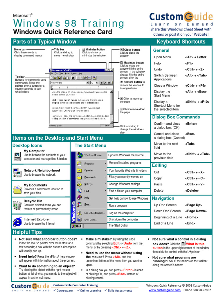 Windows 98 - Quick-Reference | PDF | Window (Computing) | Computer File