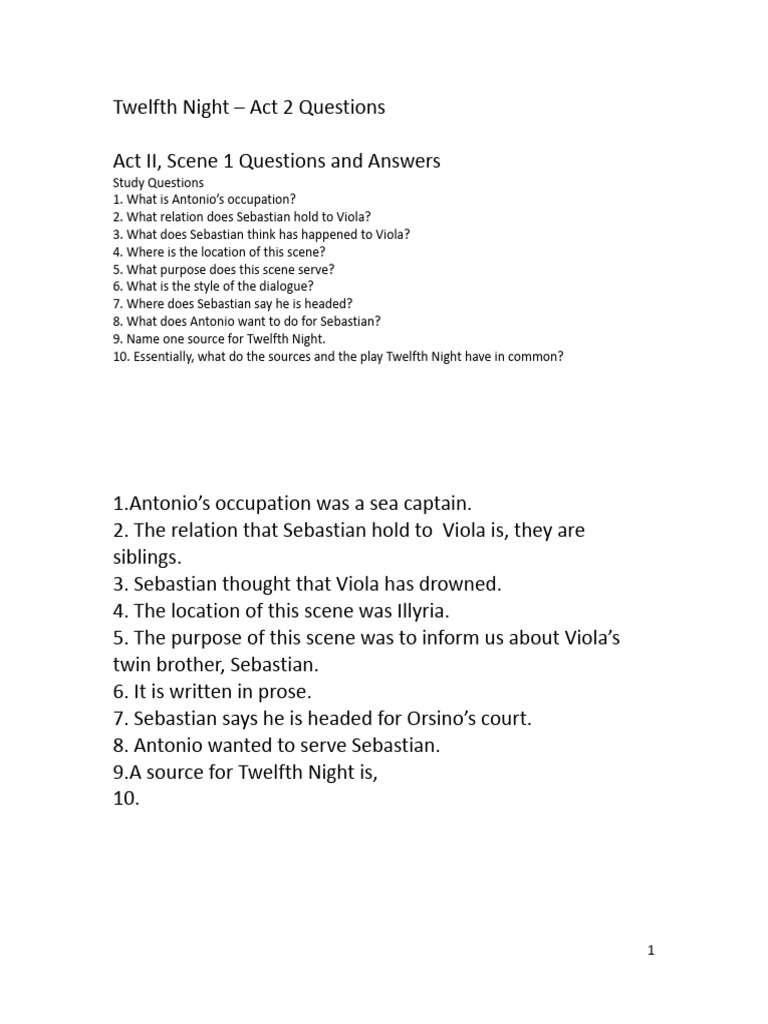 Twelfth Night - Act II - Questions | PDF | Twelfth Night ...