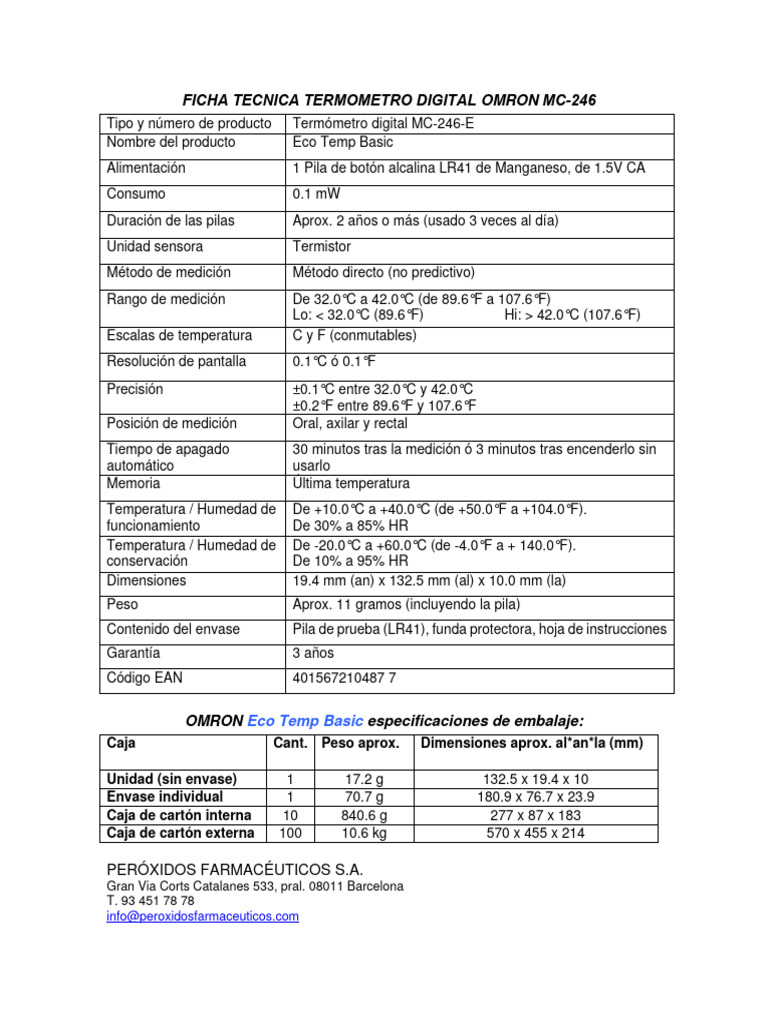 Ficha Tecnica Termometro Digital Omron | PDF