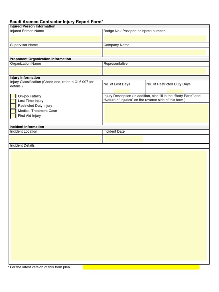 Contractor Injury Report Form | PDF | Human Leg | Hand