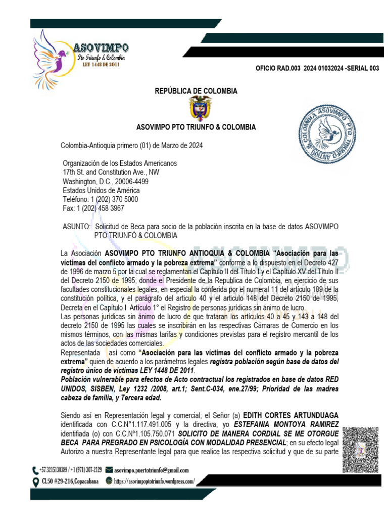 Oficio Rad.003 2024 01032024 - Serial 003 Solicitud Becas Población Vulnerable | PDF | Business