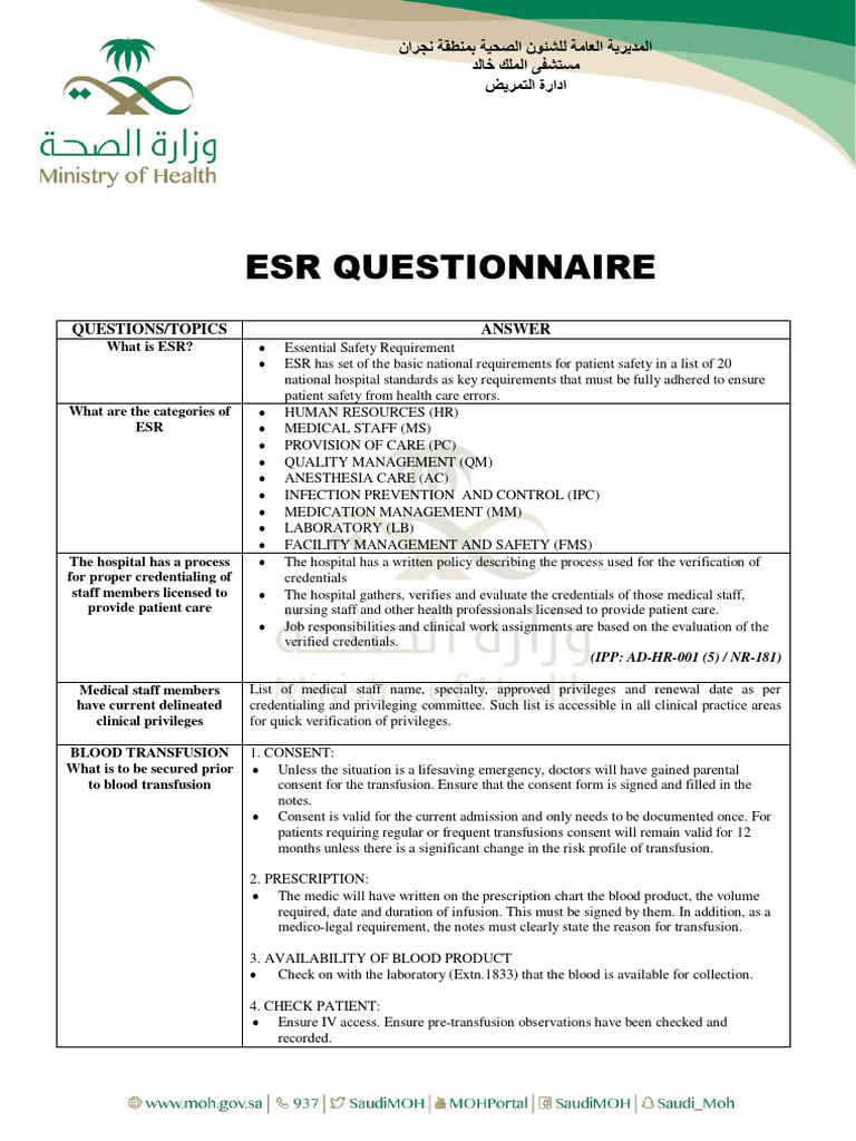 Esr Questionnaire | PDF | Hand Washing | Medical Specialties