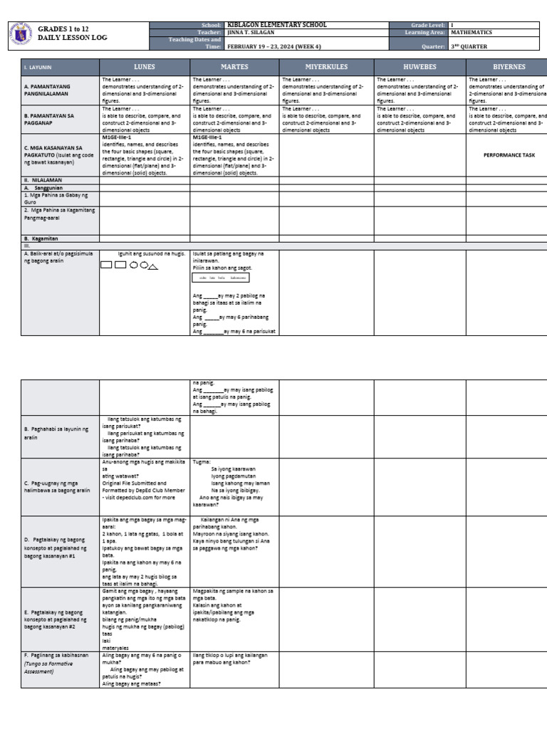 DLL_MATHEMATICS 1_Q3_W4 | PDF | Learning