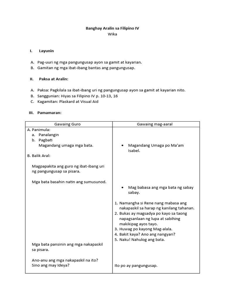 Banghay Aralin Sa Filipino IV | PDF