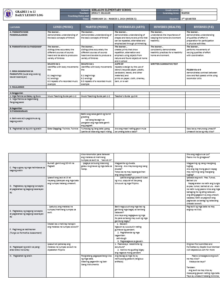 DLL_MAPEH 1_Q3_W5 | PDF | Learning | Differentiated Instruction