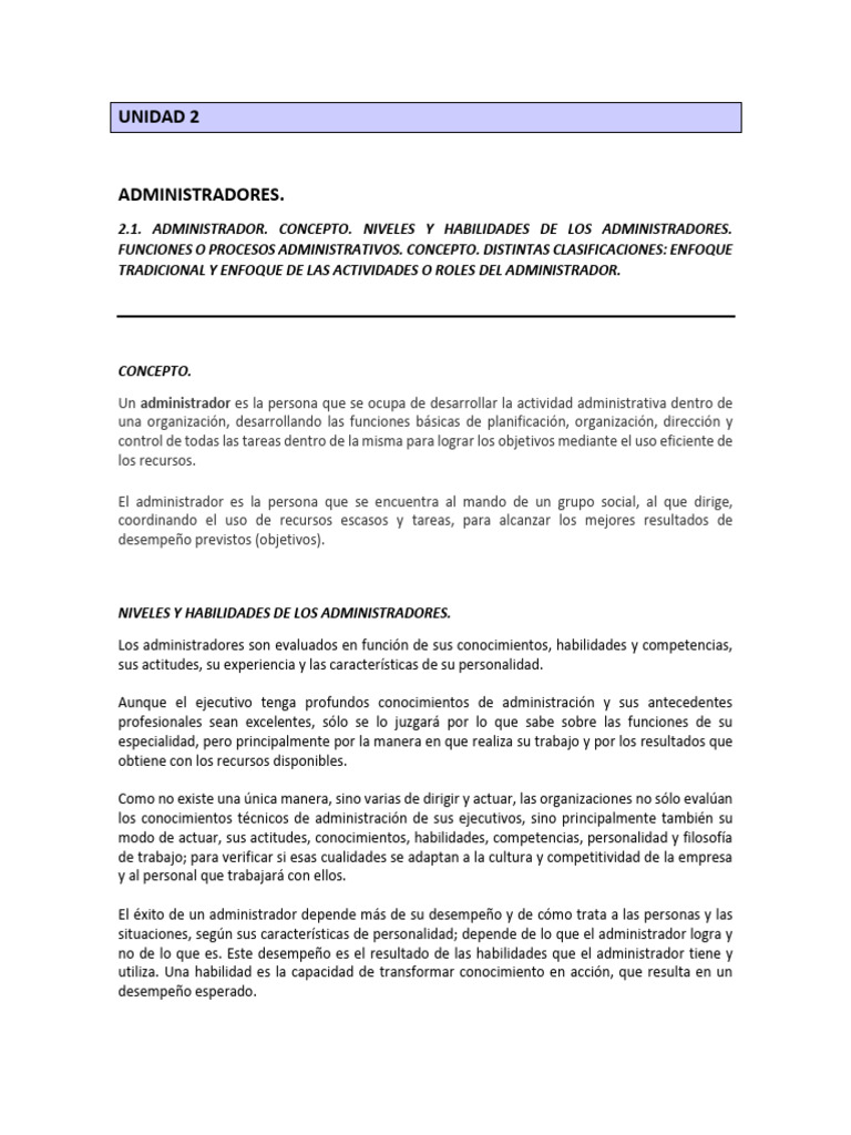 Habilidades y Niveles de Administradores | PDF | Planificación ...