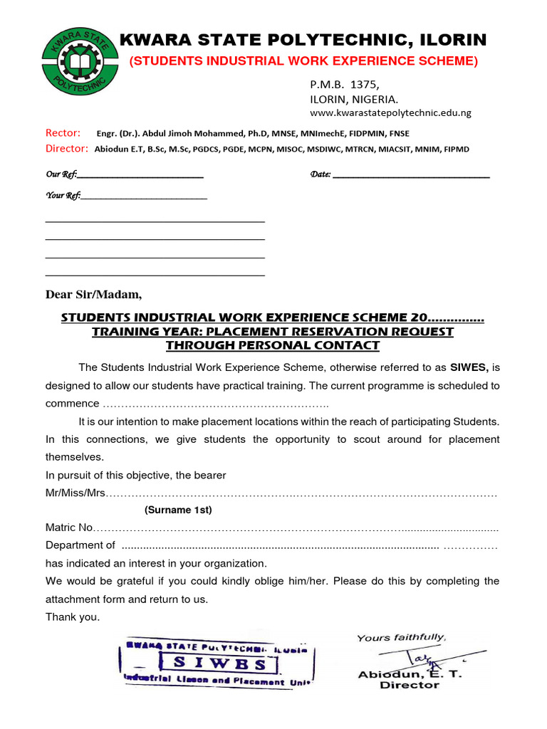 SIWES LETTER MR Abiodun-1 | PDF