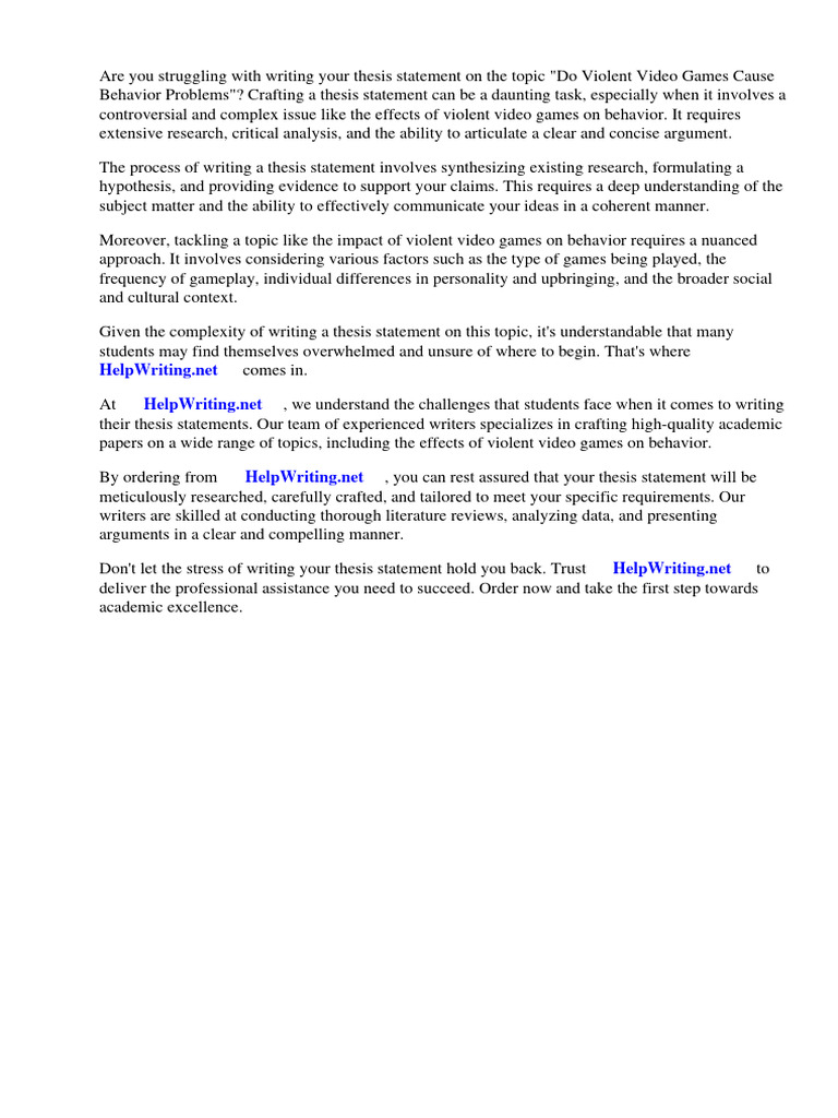 Thesis Statement Do Violent Video Games Cause Behavior Problems | PDF | Violence | Adolescence