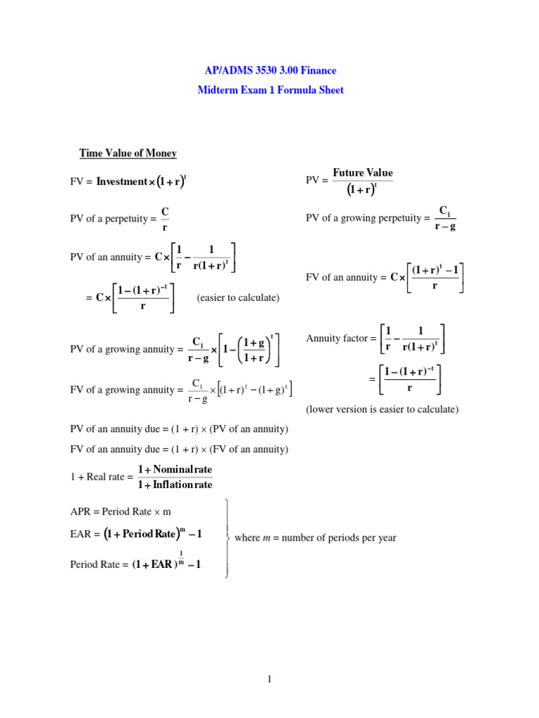 Finance Midterm Formula Sheet | PDF | Yield (Finance) | Financial Economics