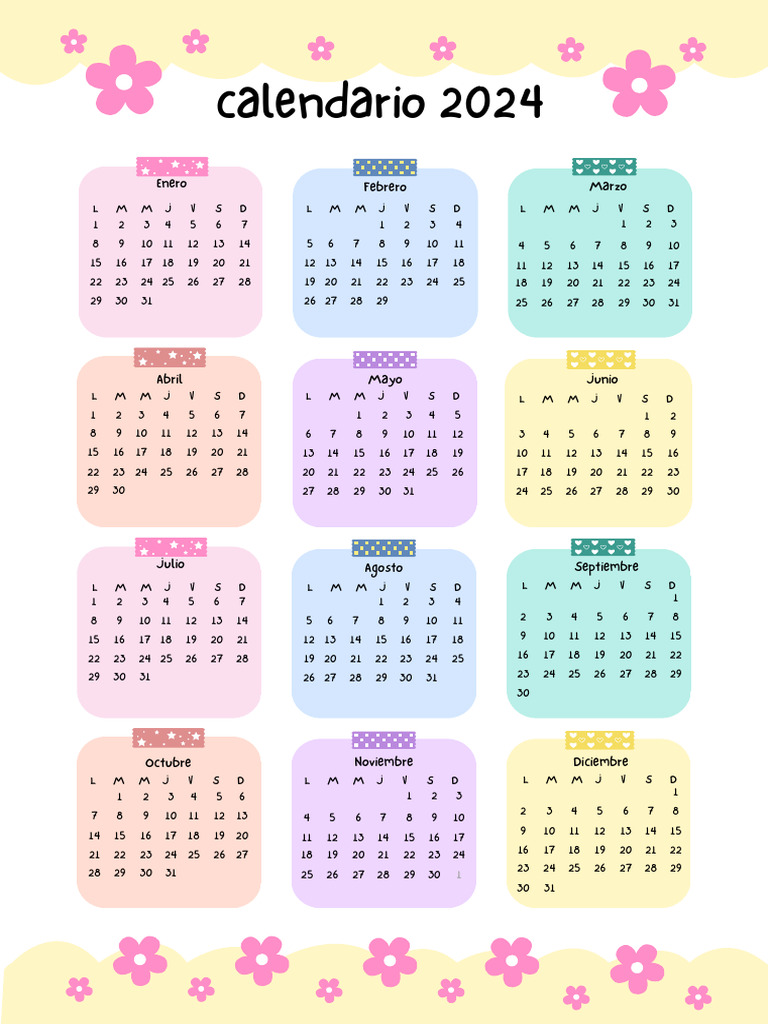 Documento A4 Calendario 2024 Infantil Colorido Pastel | PDF