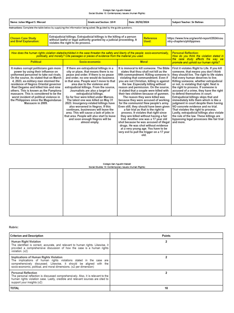 Human Rights Worksheet 10-H | PDF