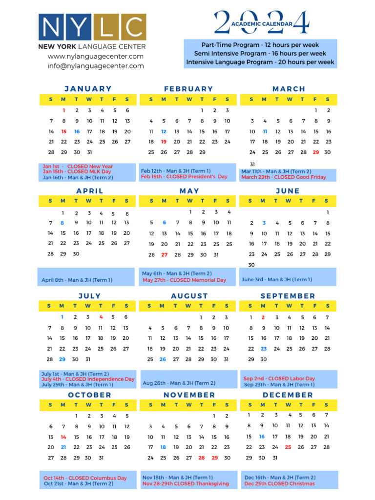 NYLC - 2024 Academic Calendar | PDF