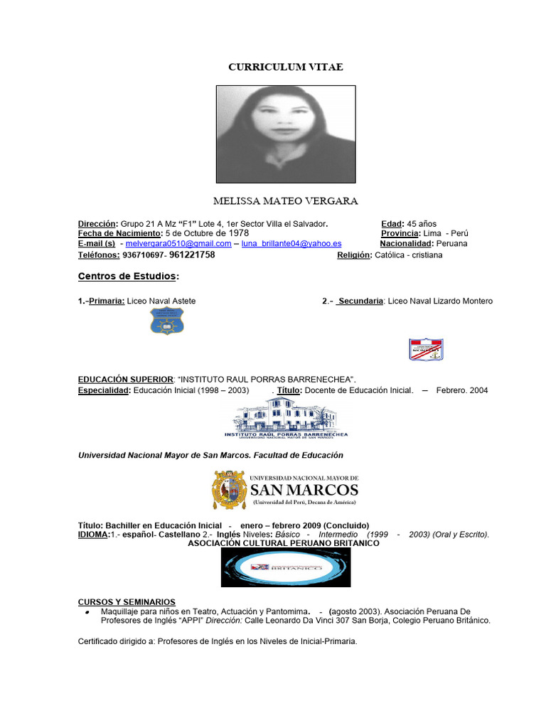 Curriculum Vitae de Melissa Mateo Vergara | PDF | Salud y bienestar