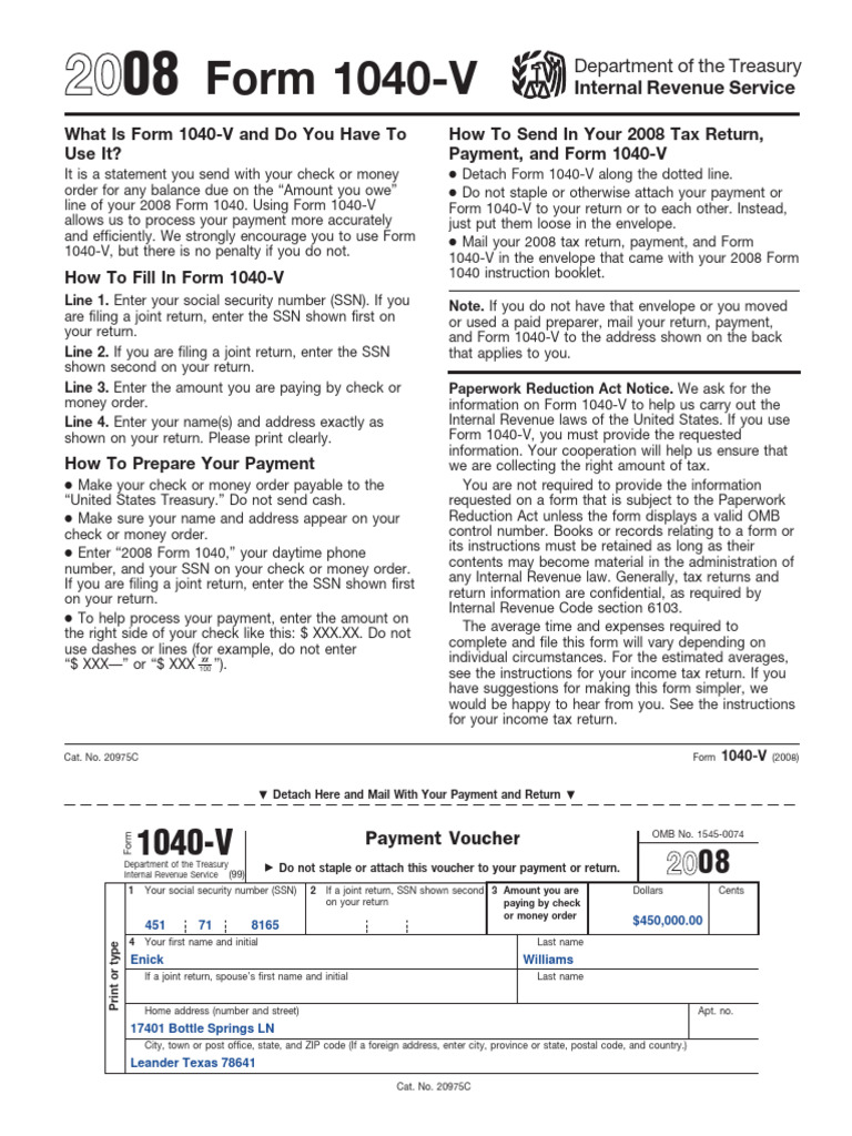 2008 Form 1040-V Payment Instructions | PDF | Taxation | Economy Of The ...