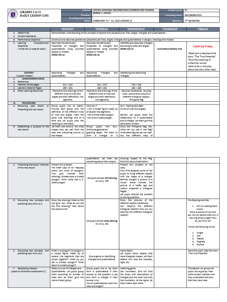 DLL - Mathematics 4 - Q3 - W3 | PDF | Triangle | Shape