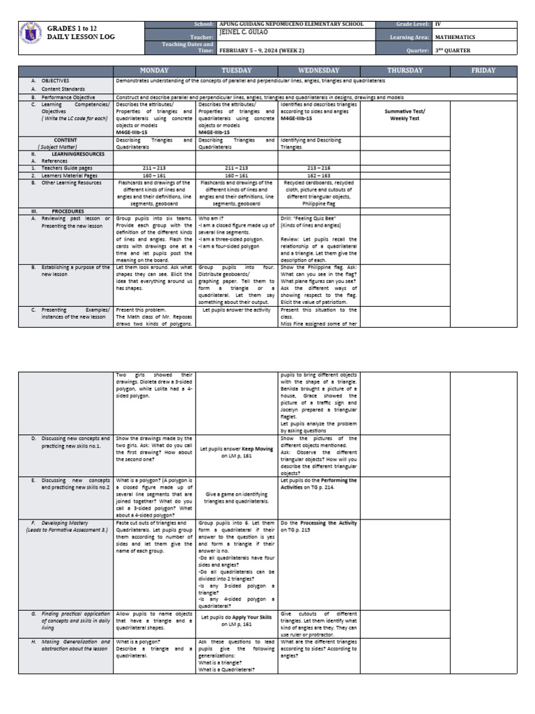DLL - Mathematics 4 - Q3 - W2 | PDF | Shape | Triangle