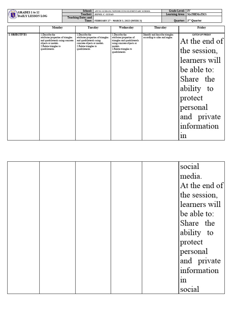 Grade 4 Math Lesson Plan: Triangles & Quadrilaterals | PDF | Triangle | Internet Privacy