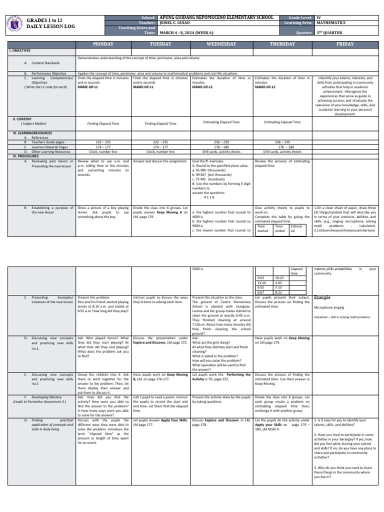 Dll Mathematics 4 q3 w6 | PDF | Learning | Mathematics