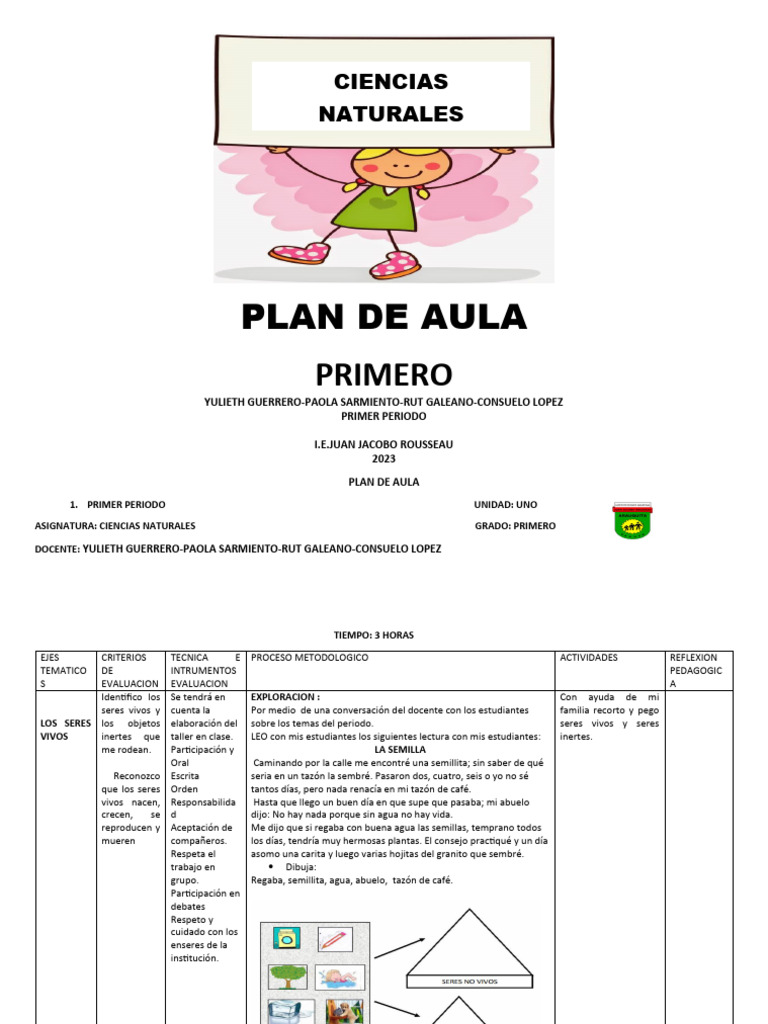 Plan de Aula. Naturales - Primero. 1-2-3-4 Periodo | PDF