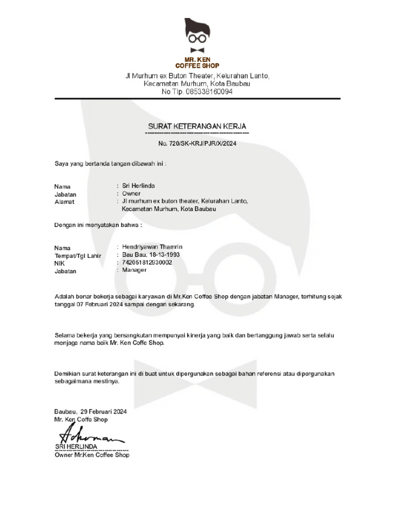 Sk Kerja Mr Ken Coffee Pdf