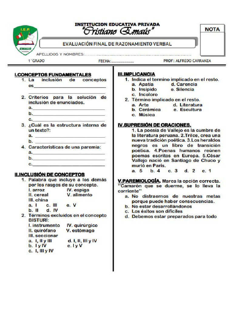 Examen Final R.V. 1° Grado | PDF