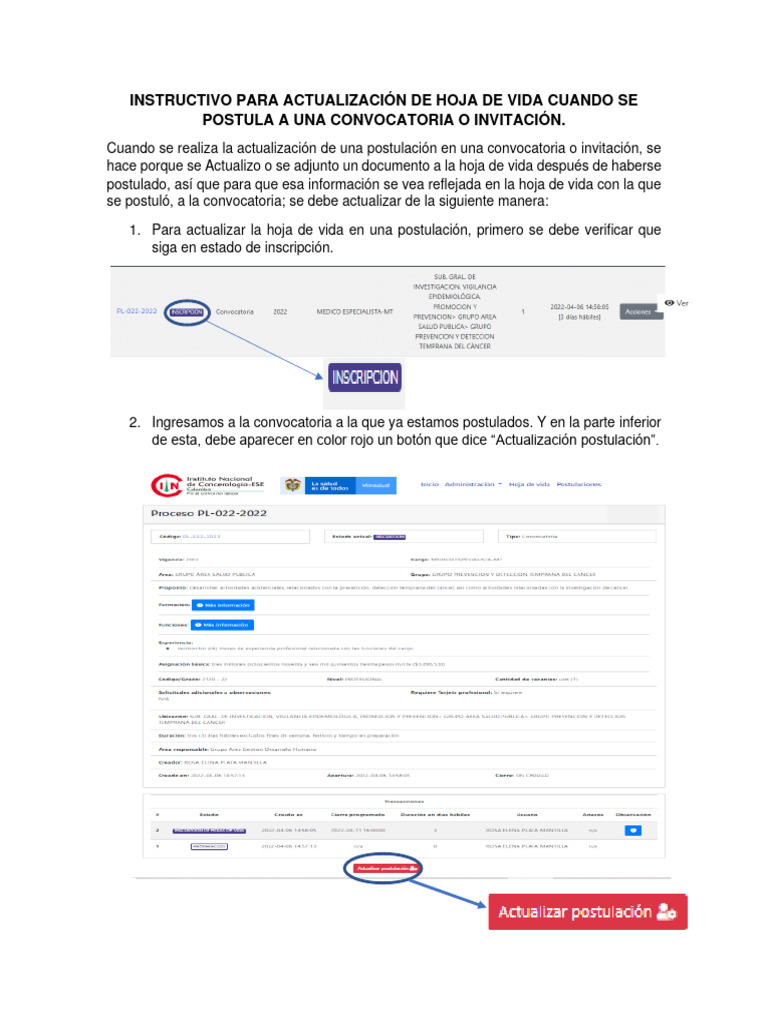 Instructivo para Actualizacion de Hoja de Vida Cuando Se Postula A Una Convocatoria o Invitacion ...