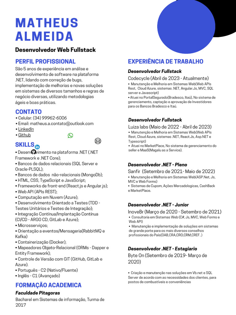 Curriculo Matheus Almeida - 032024 PORTUGUÊS | PDF | Model-View – Controller (MVC) | Script Java