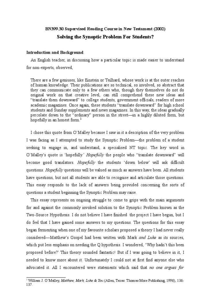 Solving The Synoptic Problem For Students? | PDF | Gospels | Gospel Of Mark