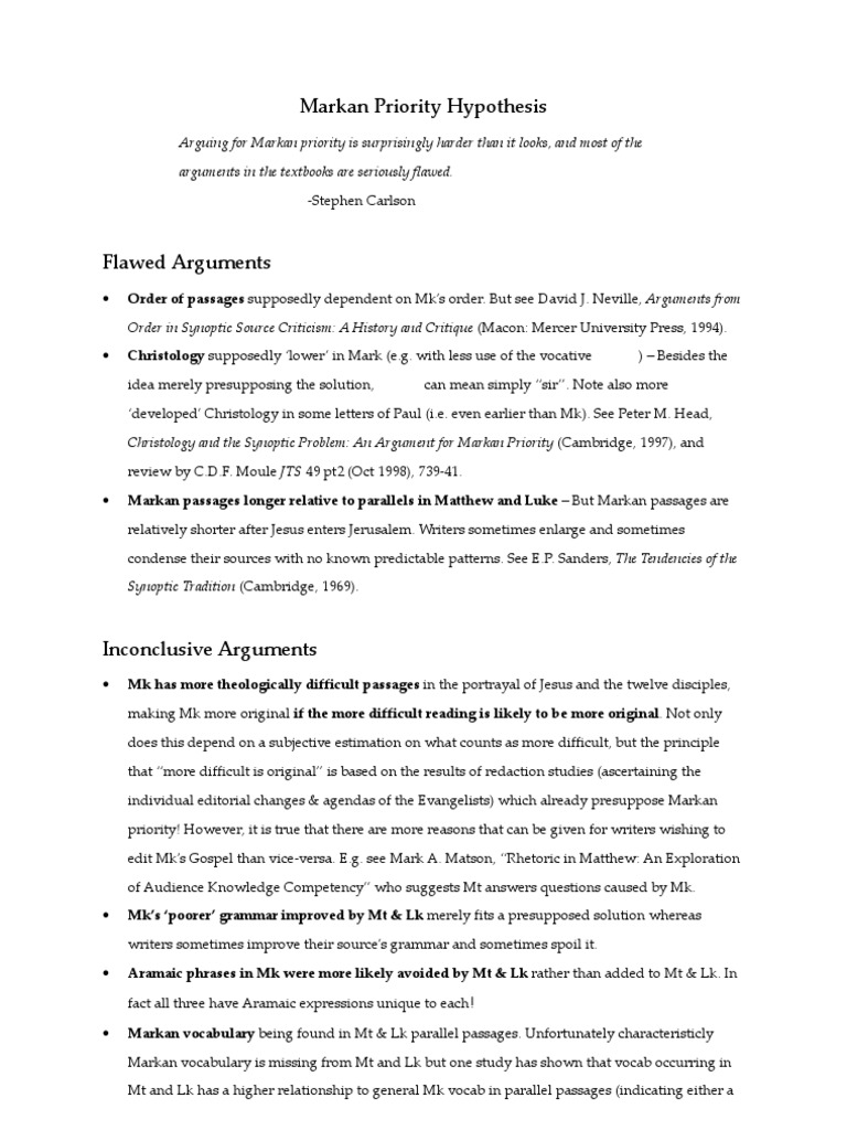 Markan Priority Hypothesis Analysis | PDF | Gospel Of Matthew | Ancient ...