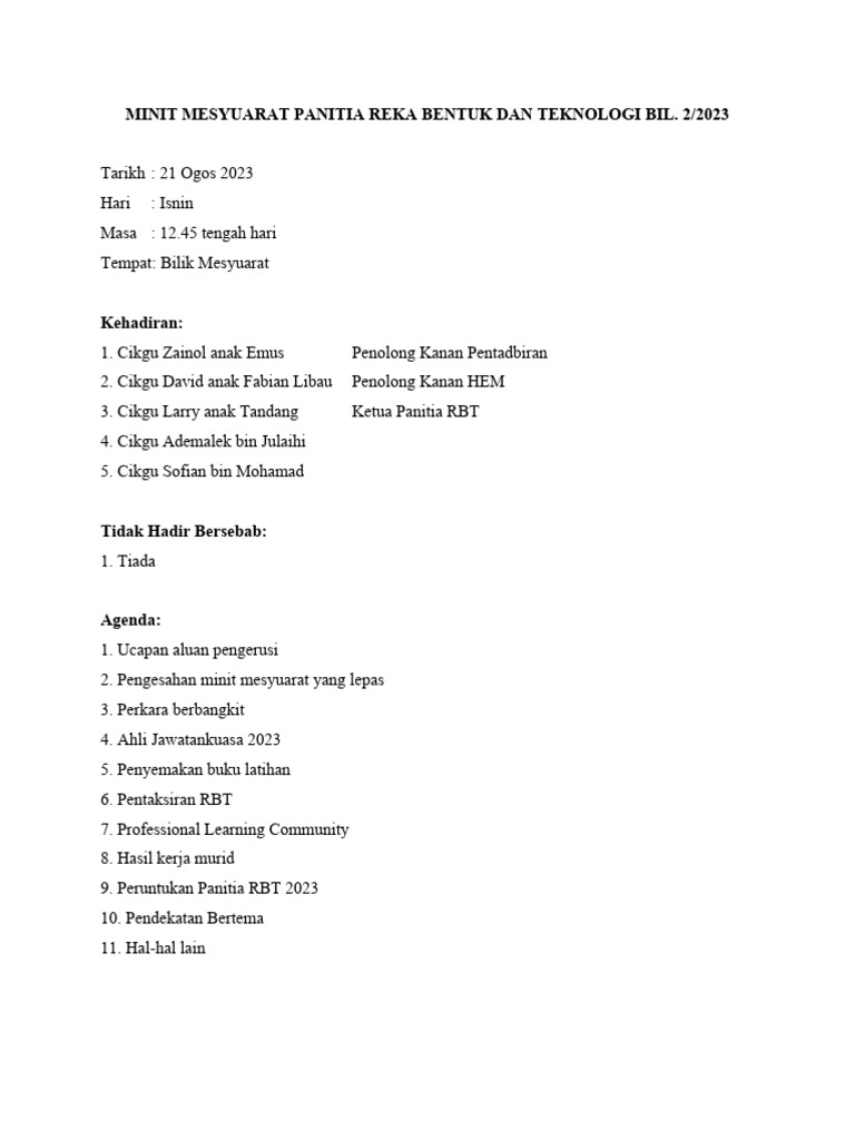 Minit Mesyuarat RBT Bil.2 2023 | PDF