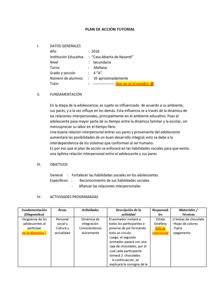 Plan de Acción Tutorial | Descargar gratis PDF | Relaciones interpersonales