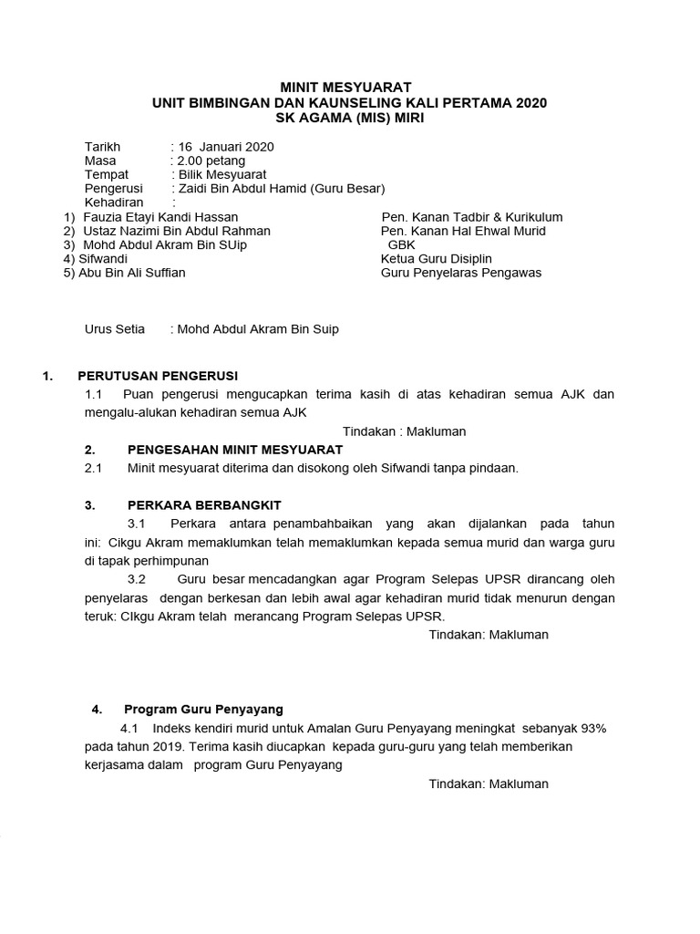 MINIT MESYUARAT. Ubk 2020 (1) Docx | PDF