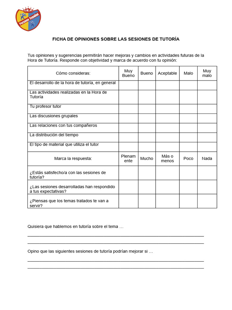 FICHA DE OPINIONES SOBRE LAS SESIONES DE TUTORÍA | PDF