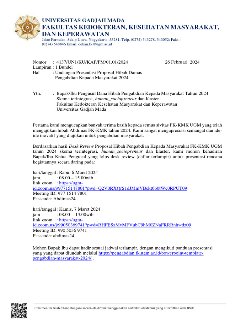 Undangan Presentasi Hibah Proposal Abdimas 2024 - Signed | PDF