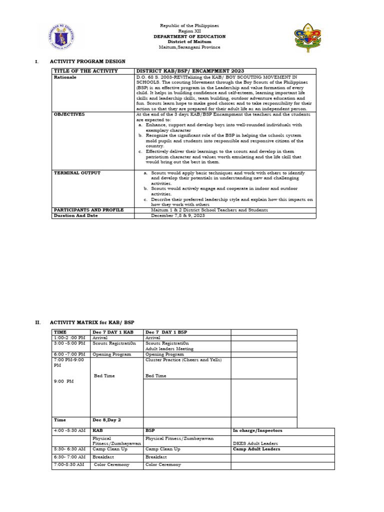 Activity Design BSP 2023 | Download Free PDF | Scouting