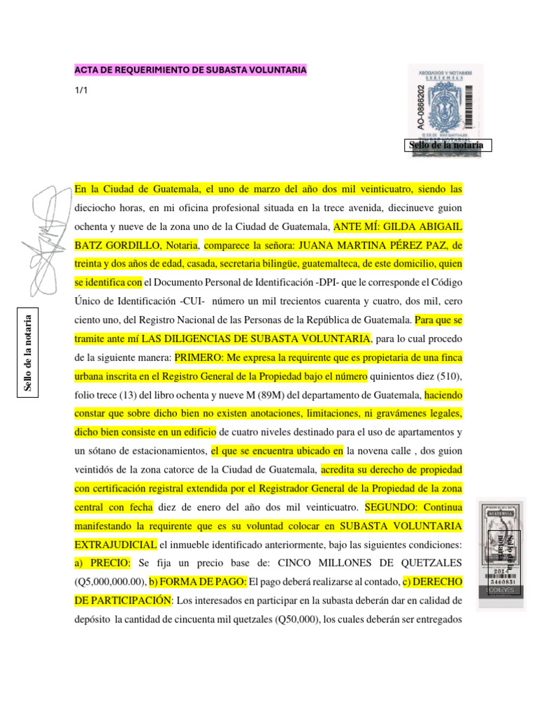 Acta de Requerimiento de SUBASTA VOLUNTARIA | PDF