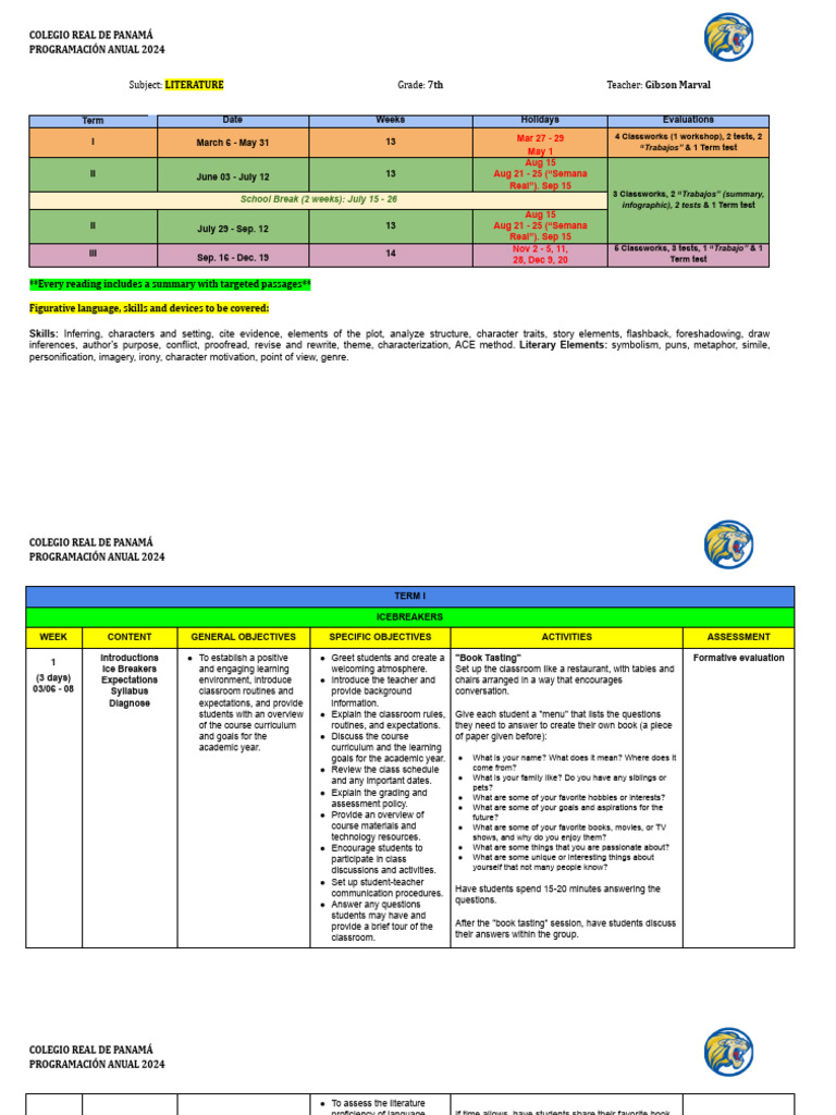 CRP 2024 - LITERATURE - 7th Grade - Long Range Plan | PDF